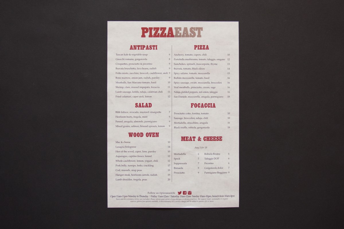 Pizza East Menu | U.S. Pizza Museum